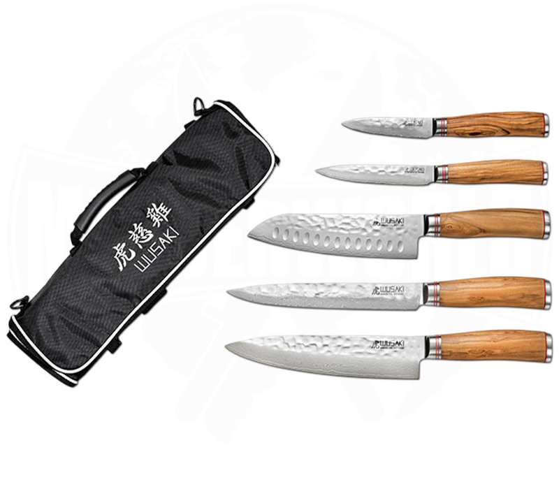 Wusaki Messerset 5 teilig Damast Olive Hammerschlag mit Tasche ...